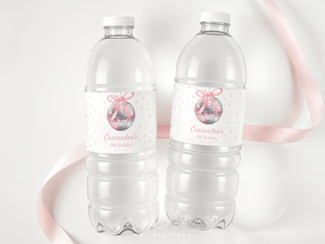 Disco Ball Water Bottle Labels Canva Editable Birthday Party Decor ...