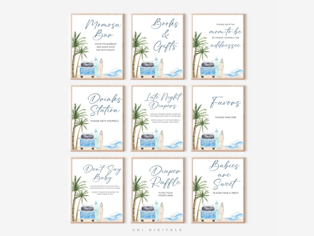 Editable 10 Baby on Board Baby Shower Sign Bundle BB02 Surf Beach Baby ...