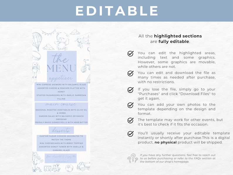 Blue Toile De Jouy Menu Card Template BTJ01 - Etsy