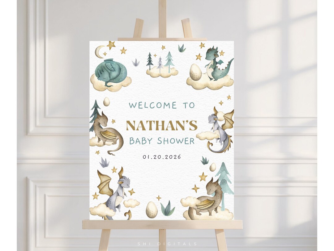 Editable Little Dragon Baby Shower Welcome Sign Dragon Baby Shower ...