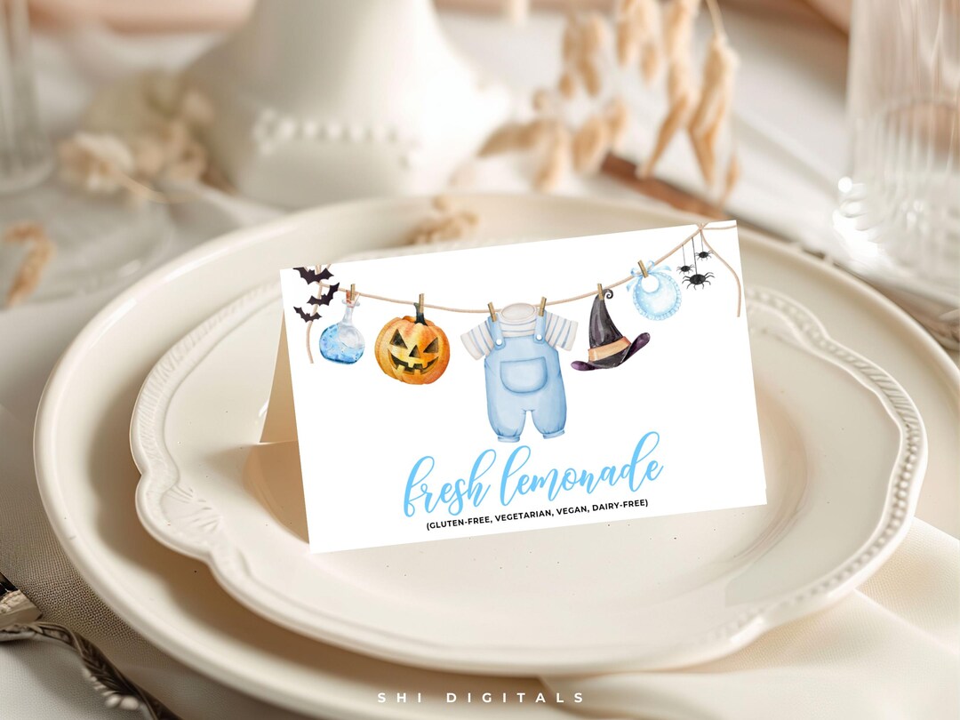 Blue A Little Boo Food Labels: Spooky Halloween Baby Shower Tent Cards ...