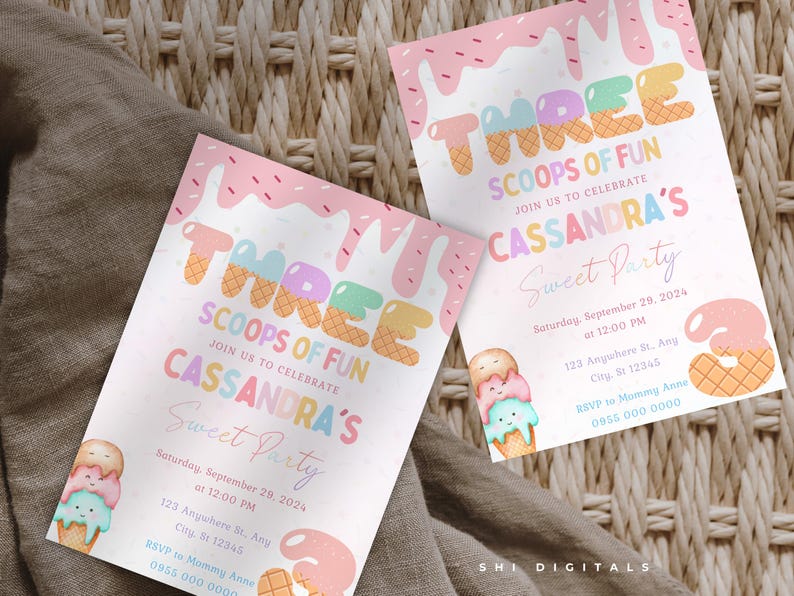 Three Scoops of Fun Invitation Ice Cream 3rd Birthday Invite - Etsy