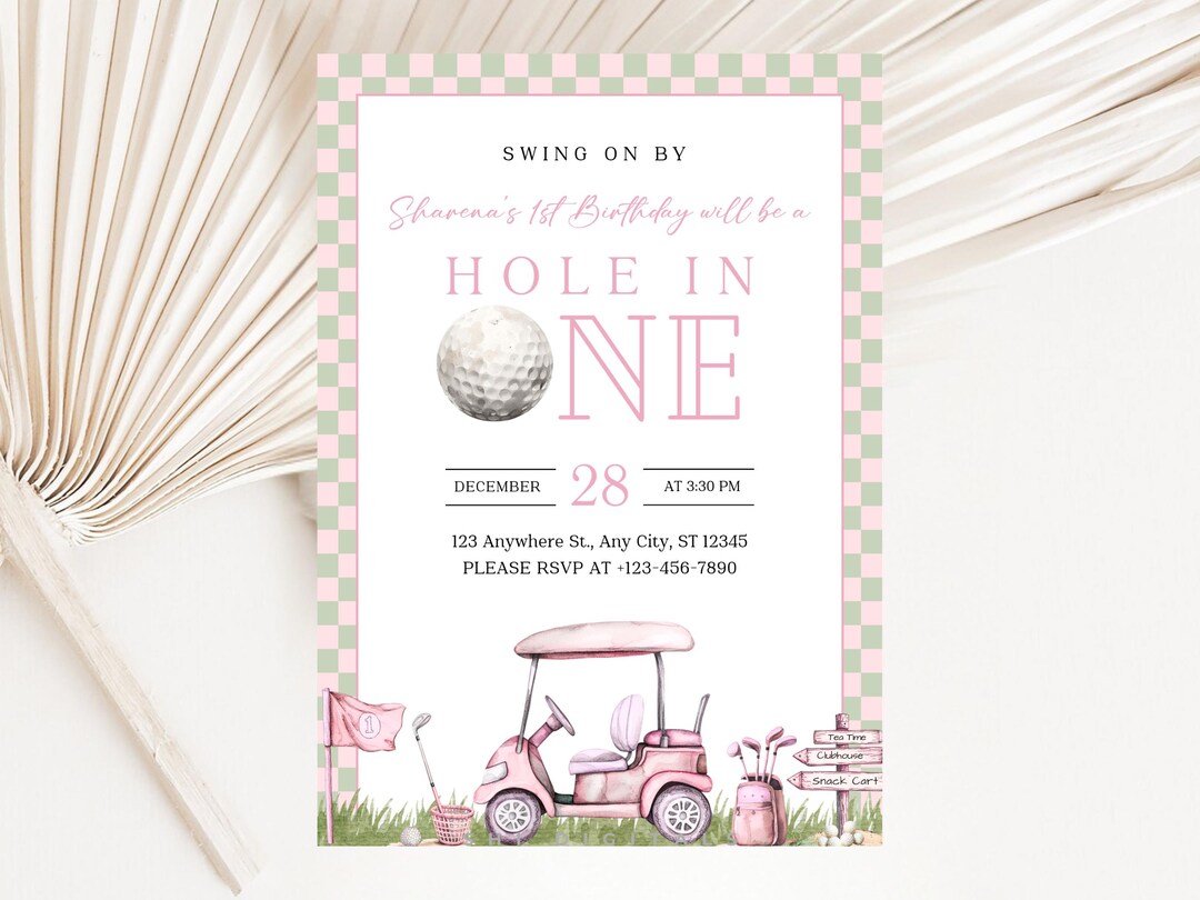 Hole in One Invitation Pink Golf Cart First Birthday Invitation Let's ...