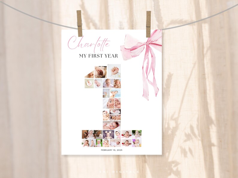 Pink Bow 1st Birthday Photo Collage Milestone Decor Printable My First ...