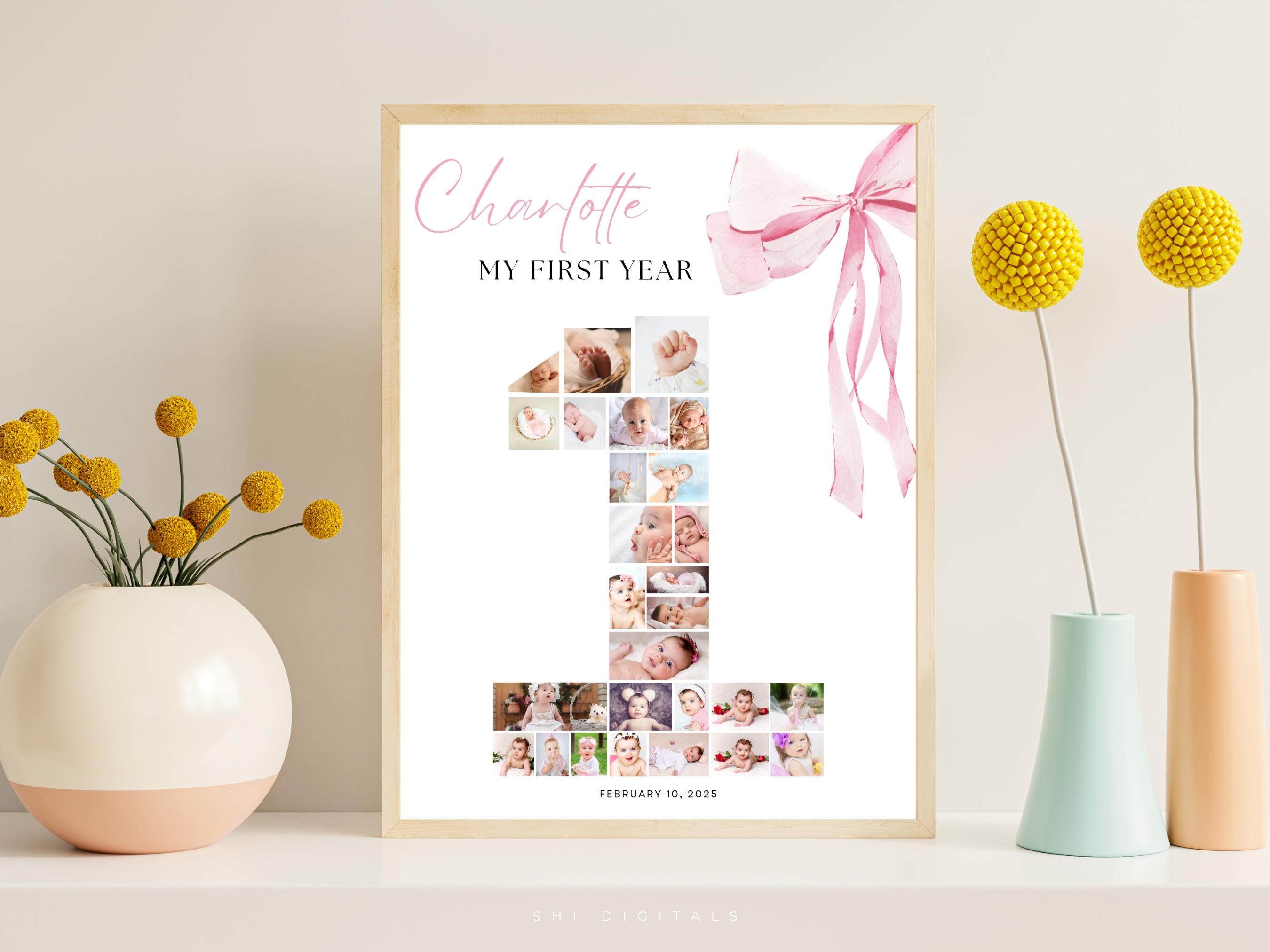 Pink Bow 1st Birthday Photo Collage Milestone Decor Printable My First ...