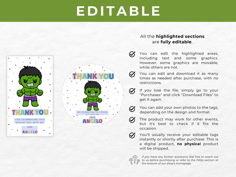 Hulk Birthday Thank You Tag Chibi Party Favor - Etsy