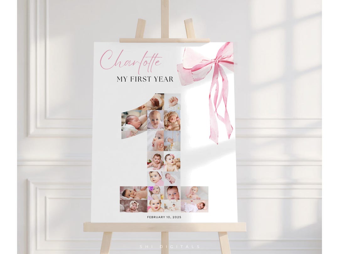 Pink Bow 1st Birthday Photo Collage Milestone Decor Printable My First ...