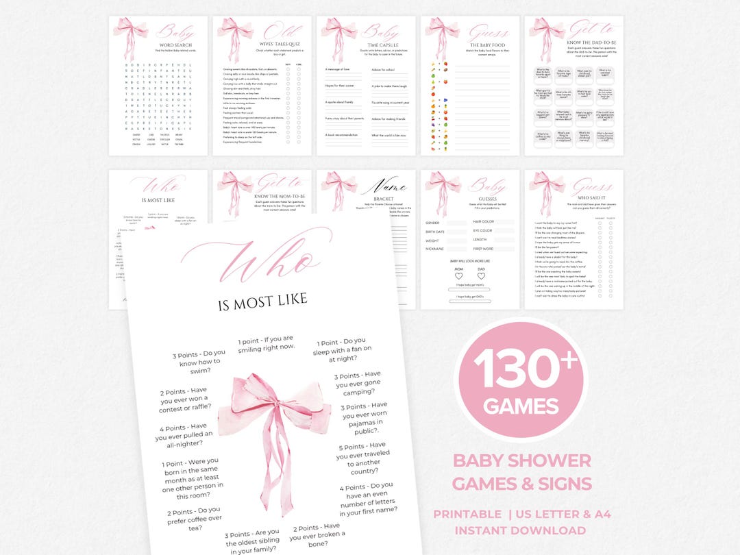 Pink Bow Baby Shower Games Bundle Printable Pink Bow Baby Shower Games ...