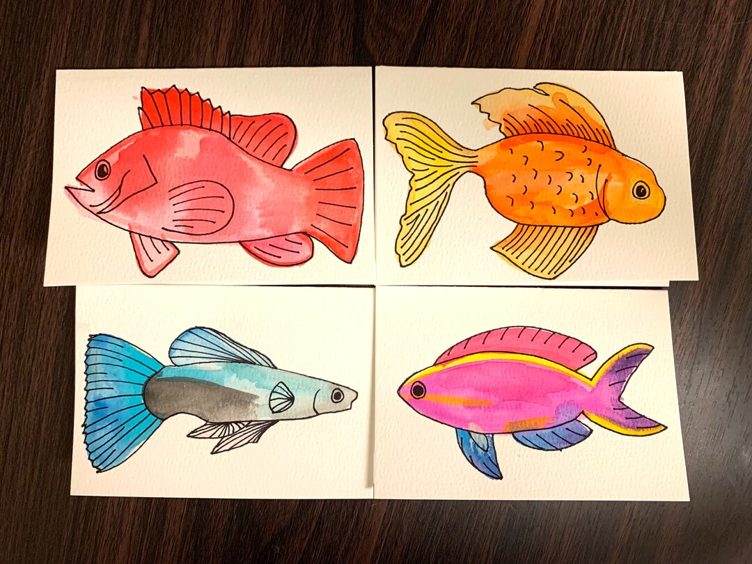 4 Hand Painted Watercolor Fish Greeting Cards - Etsy