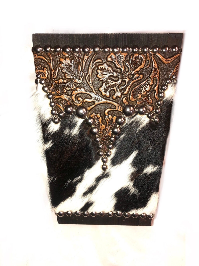 Cowhide Waste Basket, Reclaimed Barn Wood, Western Floral Leather Decor ...