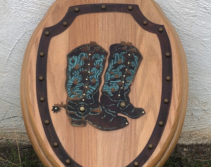 Western Embossed Leather Metal Cut Out Fancy Boots Oak Toilet Seat ...