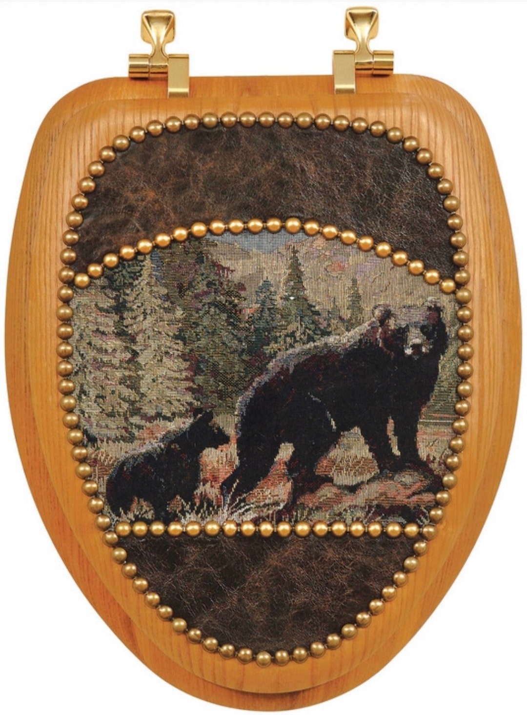 Western Leather & Bear and Cub Tapestry Oak Toilet Seat Cabin Rustic ...