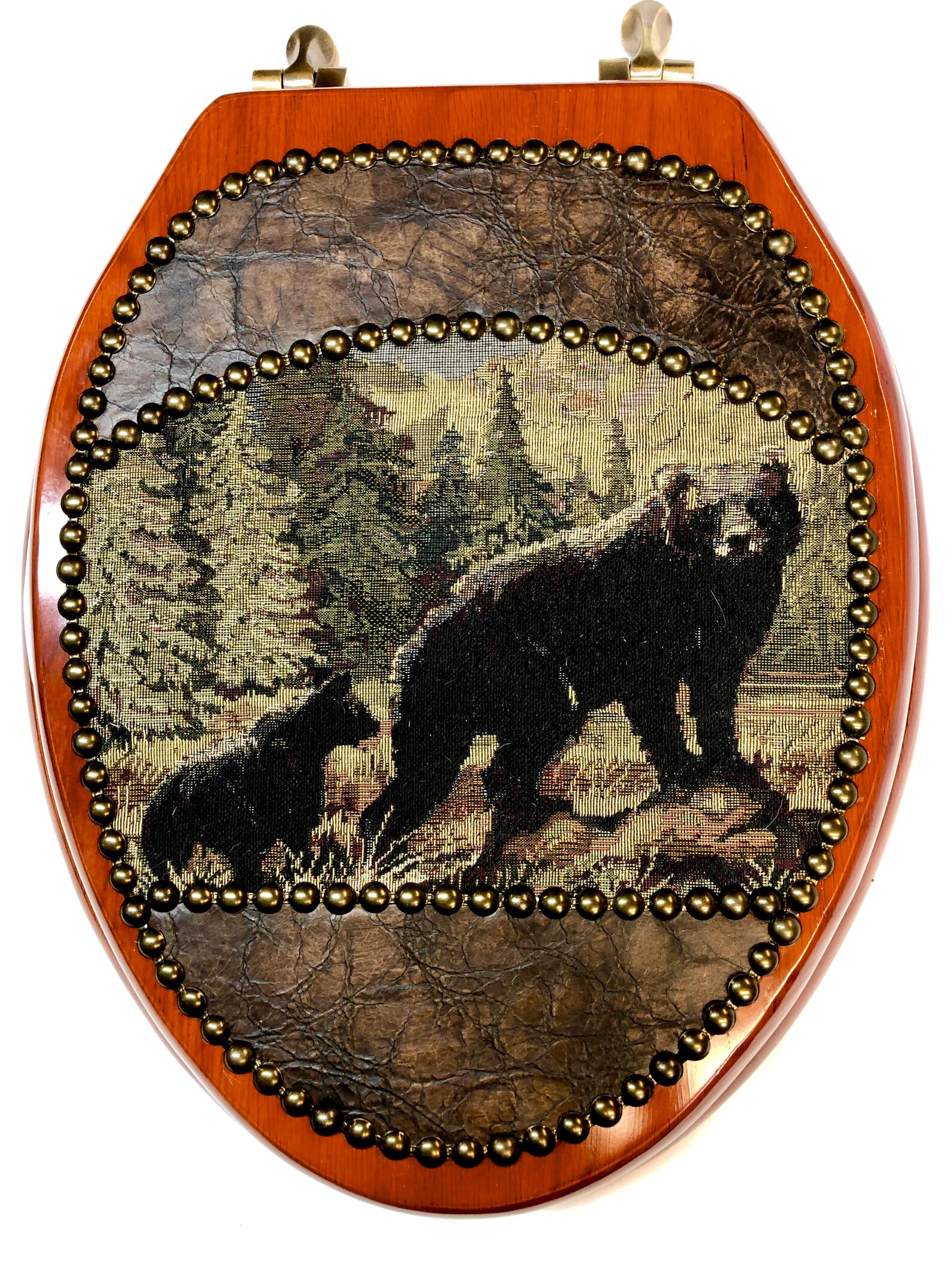 Western Leather & Bear and Cub Tapestry Oak Toilet Seat Cabin Rustic ...