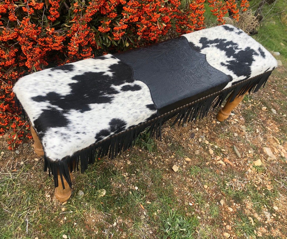 Cowhide Entryway Bench – Western Leather Fringe, Farmhouse Decor - Etsy