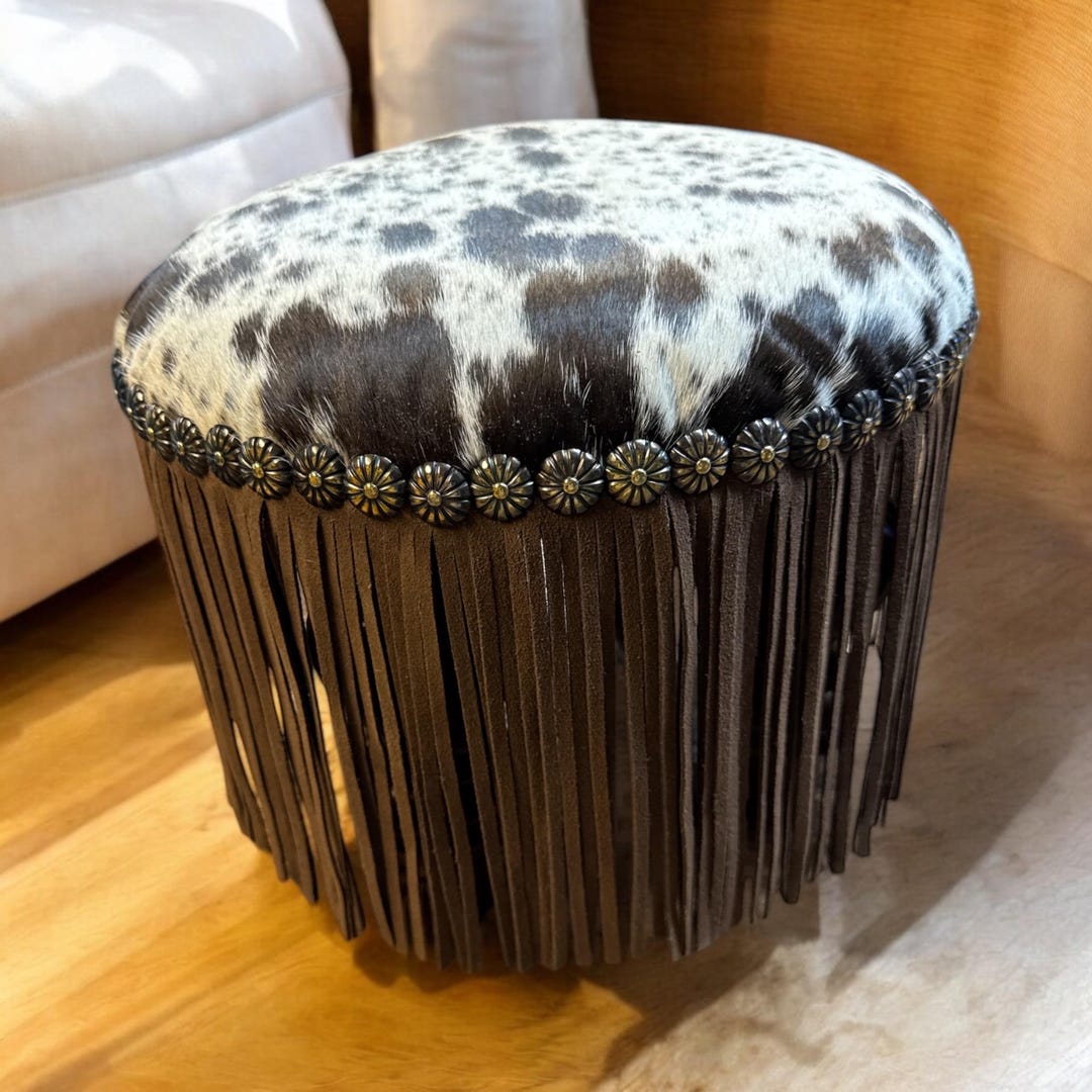 Cowhide Fringe Ottoman, 12" Round Western Foot Stool - Etsy