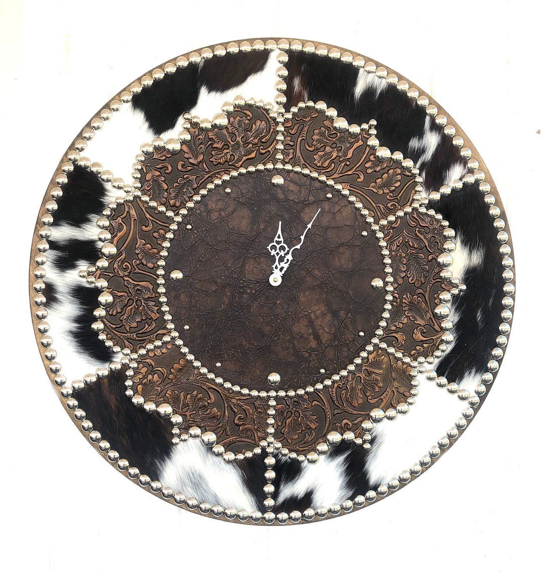 24" Fancy Western Cowboy Decor Wall Hang Round Clock Cowhide & Embossed ...
