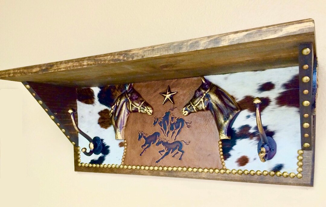Cowboy Western Decor Cowhide Horsehead Farmhouse Stained Oak Wall Shelf ...