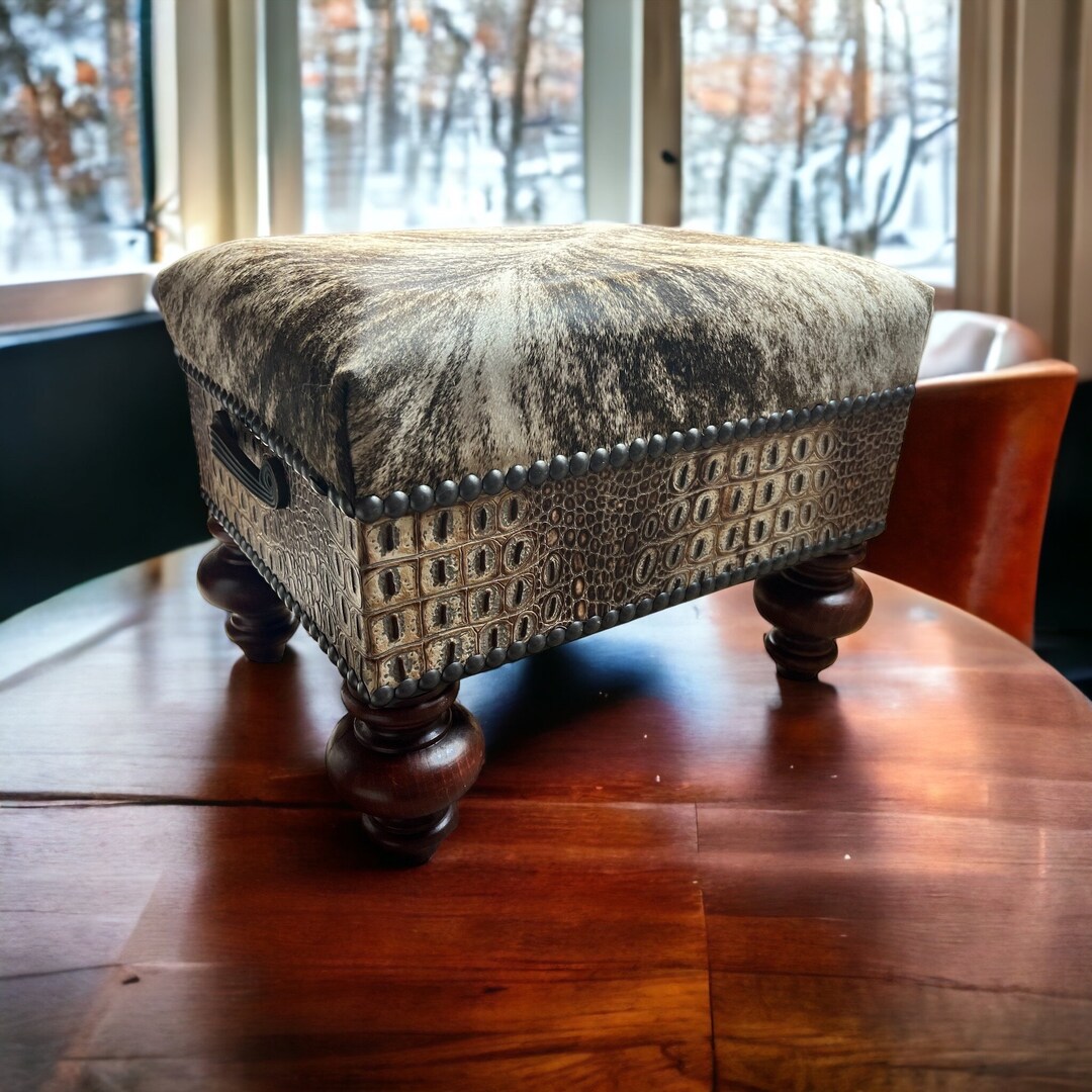 Western Brindle Cowhide & Crocodile Dundee Leather Ottoman Foot Rest ...