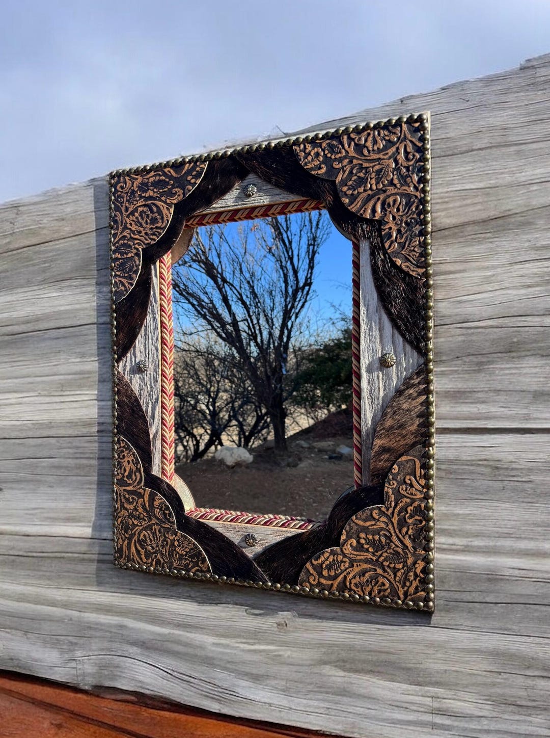 Tooled Leather & Brindle Cowhide Fancy Western Decor Fancy Wall Accent ...