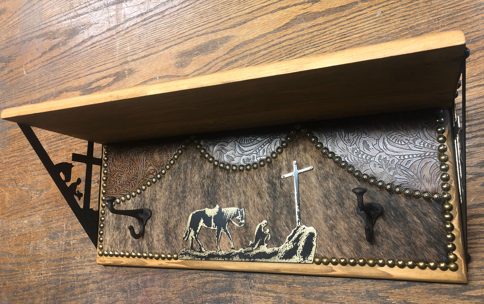 Farmhouse Western Decor Cowhide and Leather Praying Cowboy Stained Oak ...