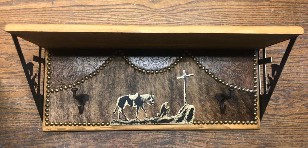 Farmhouse Western Decor Cowhide and Leather Praying Cowboy Stained Oak ...