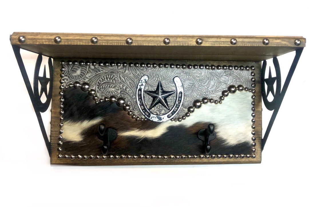 Cowboy Western Decor Cowhide & Embossed Leather Pine Wood Wall Shelf ...