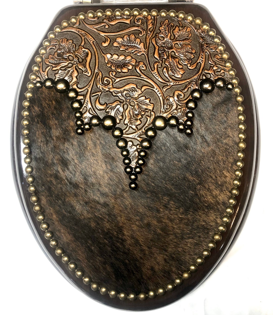 Cowhide Western Toilet Seat – Embossed Floral Leather, Dark Oak - Etsy