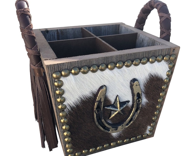 Cowboy Western Decor Leather & Cowhide Caddy Silverware Utensils Makeup ...