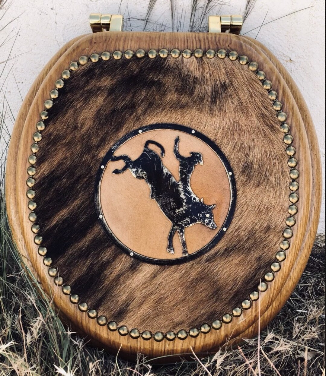 Western Cowhide Rodeo Bronc Rider Oak Toilet Seat Standard Round Cowboy ...