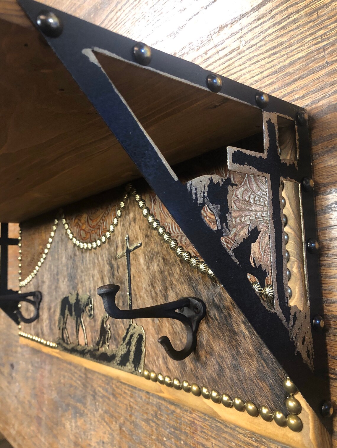 Farmhouse Western Decor Cowhide and Leather Praying Cowboy Stained Oak ...