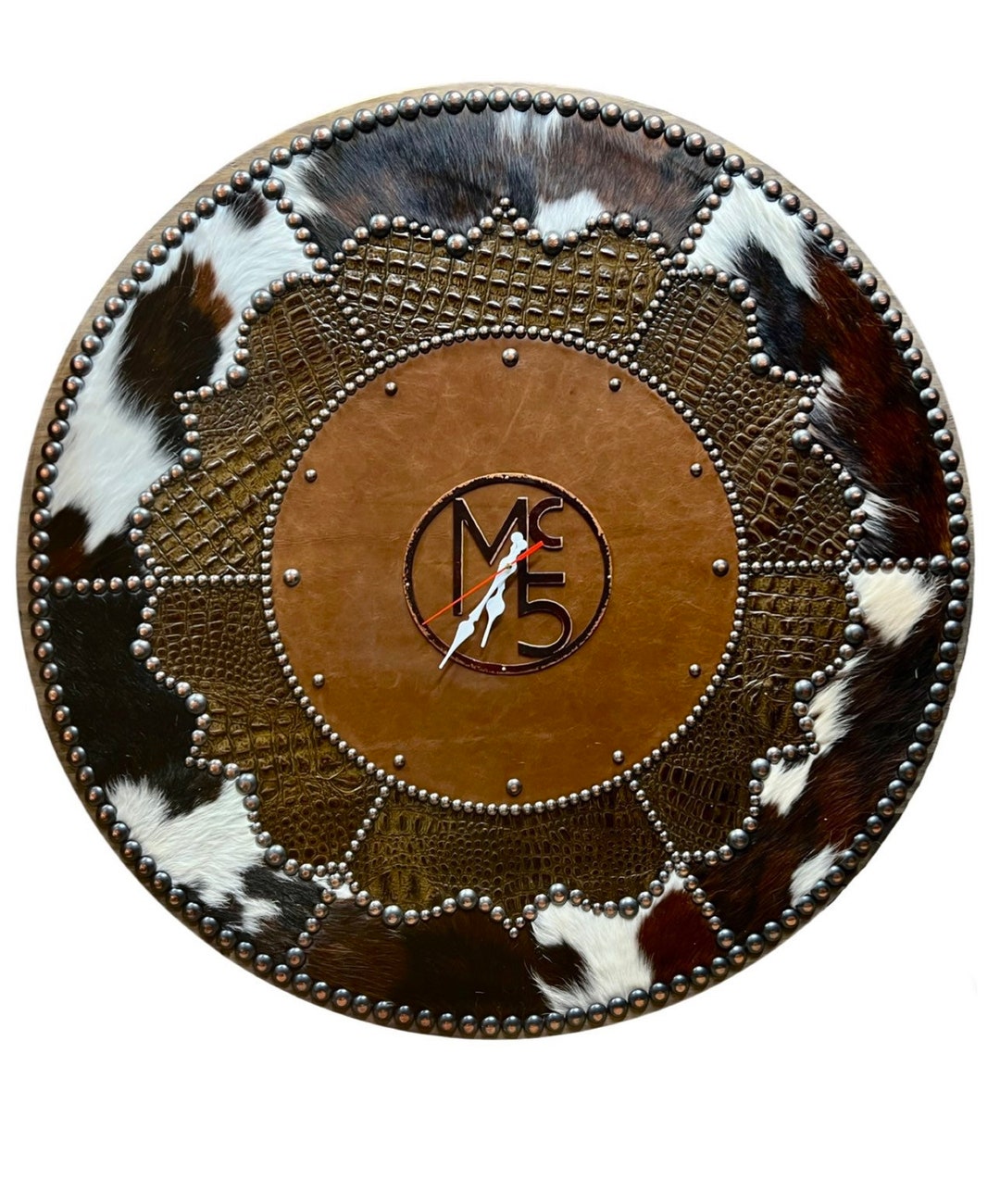 Large Personalized Cowhide Leather Wall Clock, Western Decor (36 Inch ...