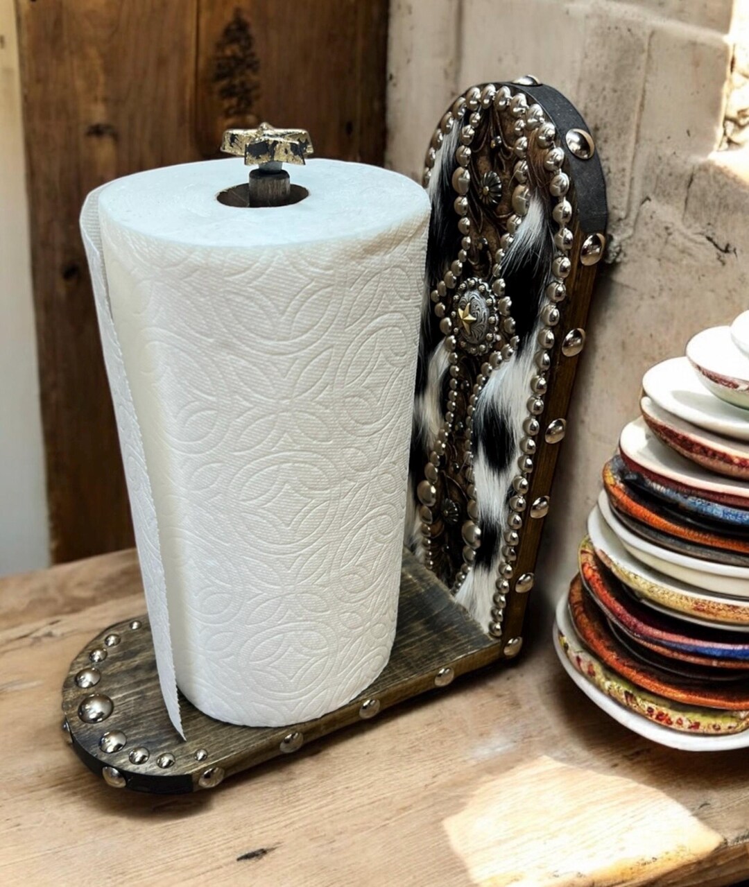 Cowboy Western Decor Cowhide Concho Counter Top Tabletop Cowhide Pine ...