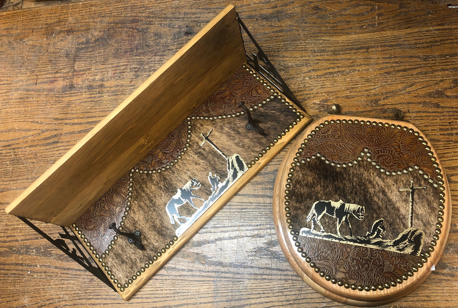 Farmhouse Western Decor Cowhide and Leather Praying Cowboy Stained Oak ...
