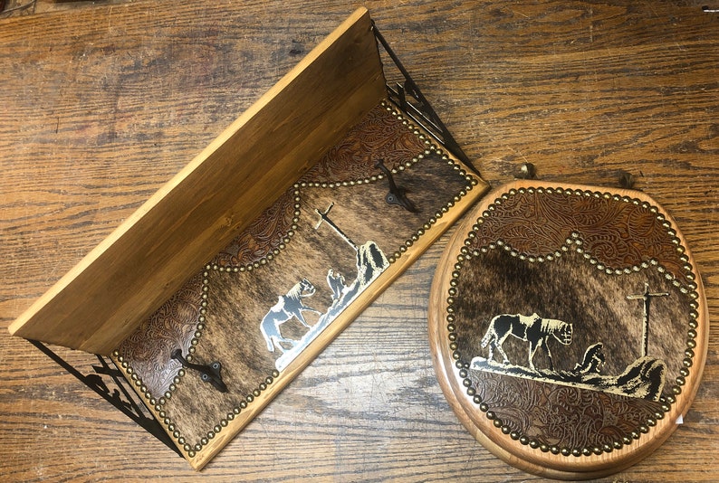 Farmhouse Western Decor Cowhide and Leather Praying Cowboy Stained Oak ...