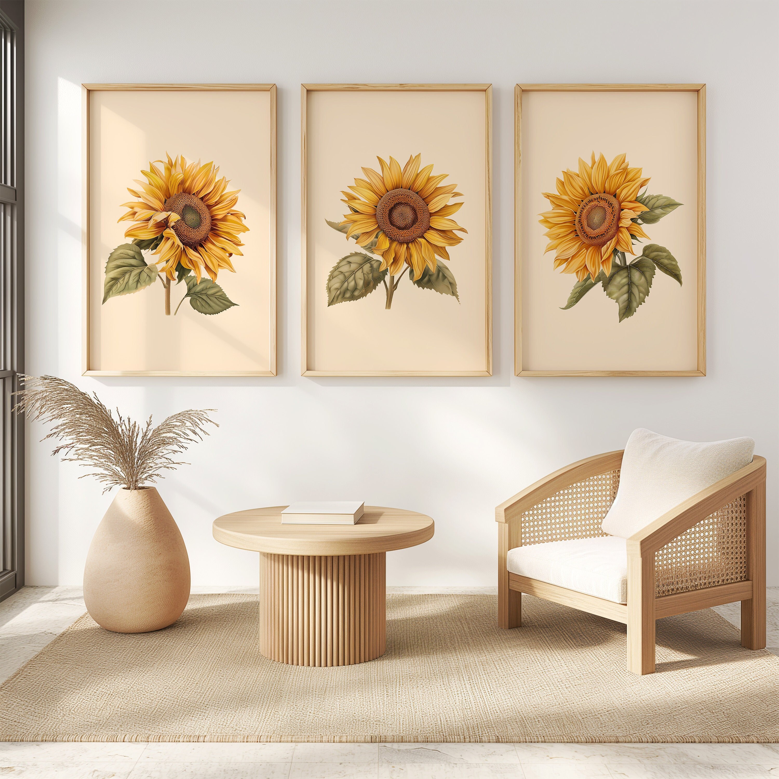 Set of 3 Sunflowers Wall Art Print, Botanical Print Set, Living Room ...