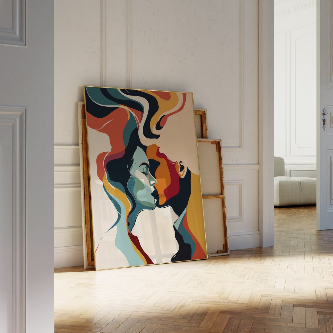 Abstract Kissing Couple Digital Wall Art, Modern Artwork in Pastel ...