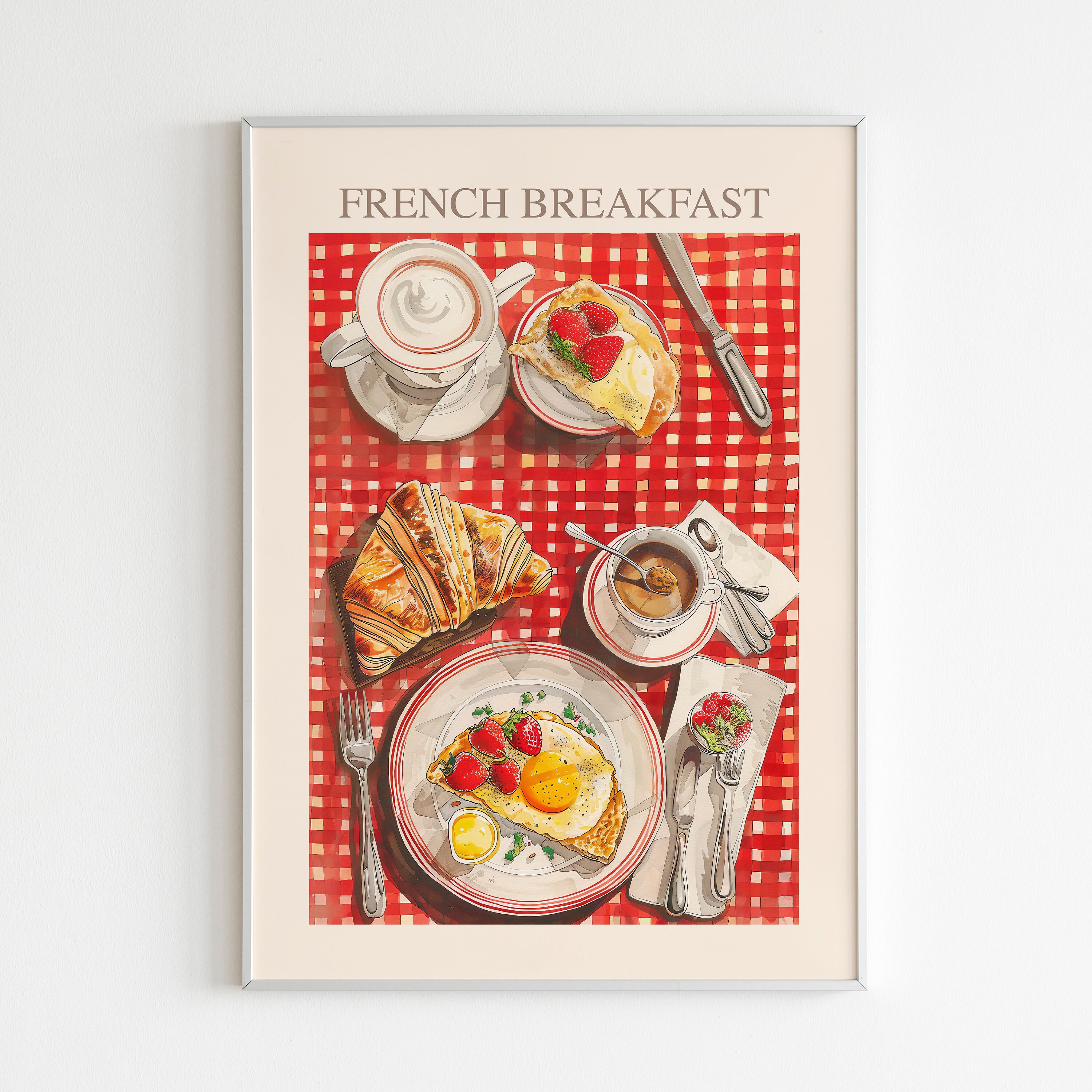 French Breakfast Wall Art, Watercolor Effect, Coffee, Tea, Omelette ...