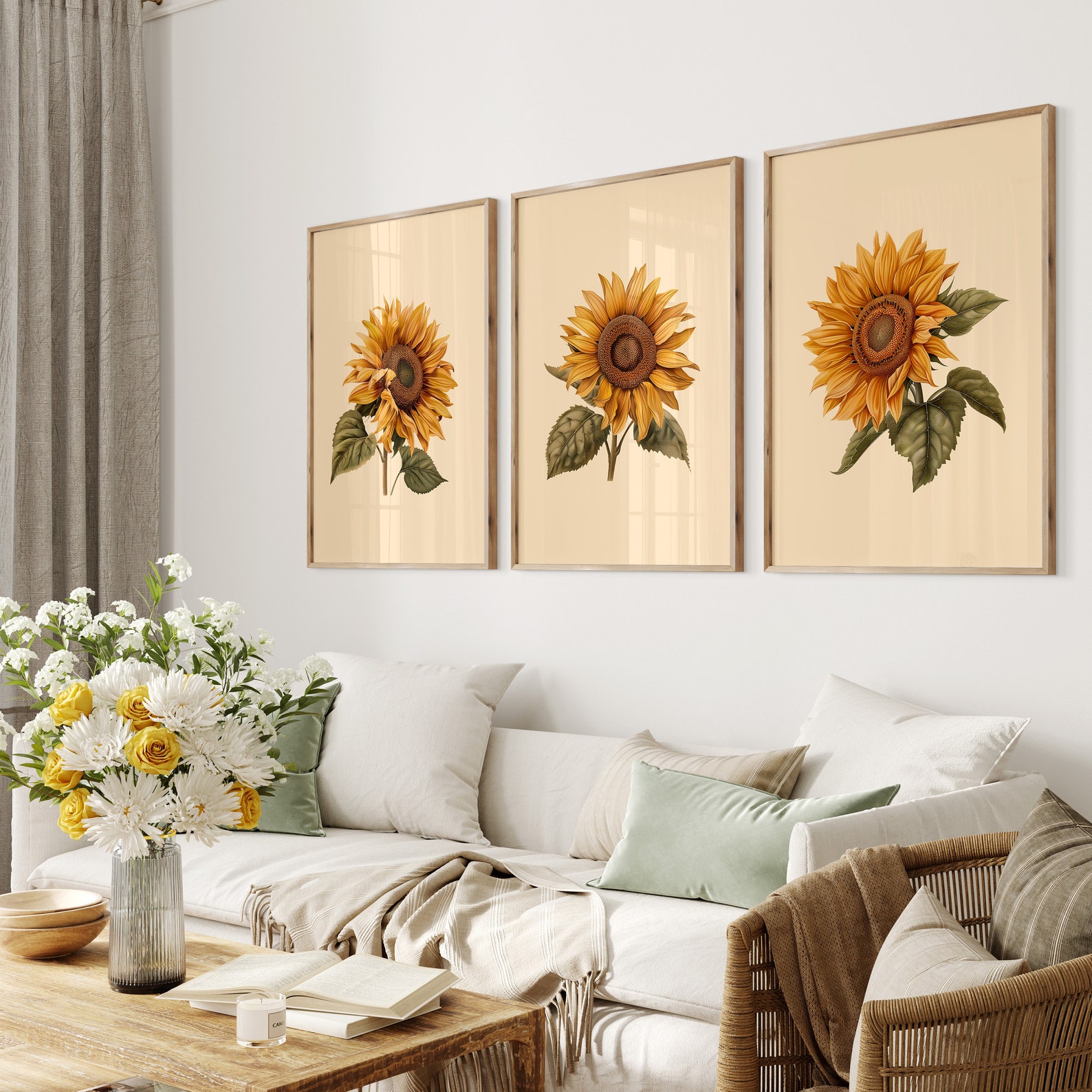 Set of 3 Sunflowers Wall Art Print, Botanical Print Set, Living Room ...