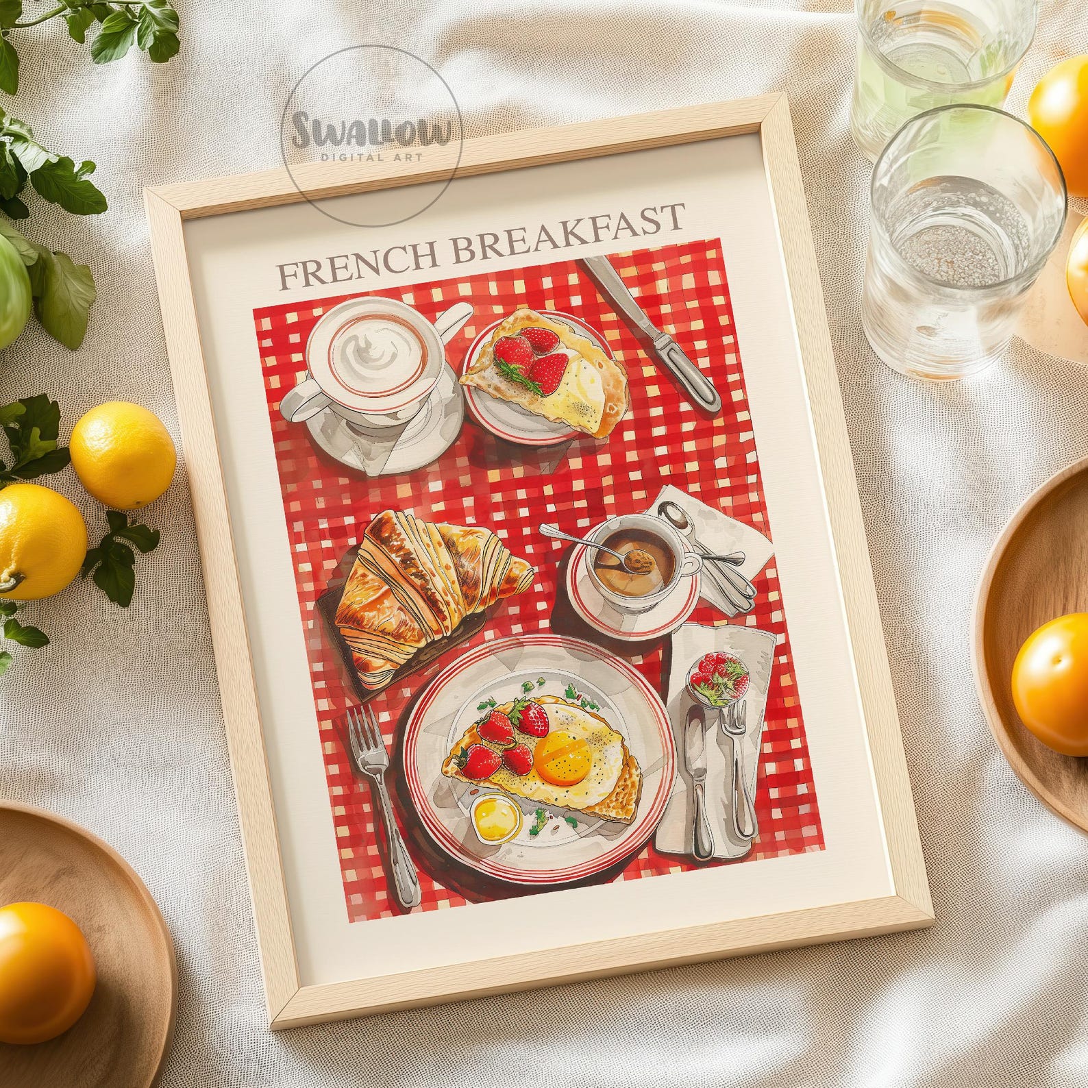 French Breakfast Wall Art, Watercolor Effect, Coffee, Tea, Omelette ...