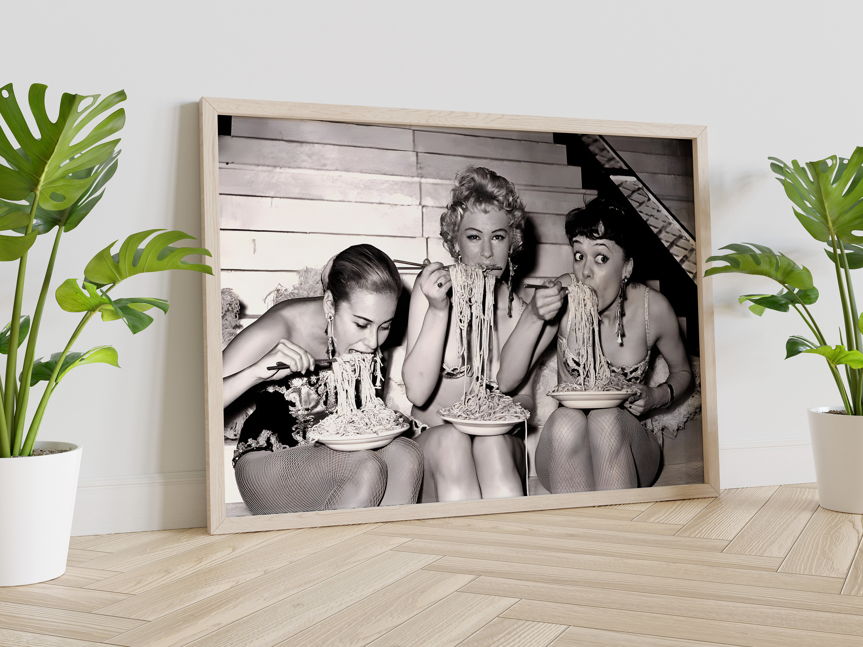 Women Eating Spaghetti Poster, Women Eating Pasta Black and White ...