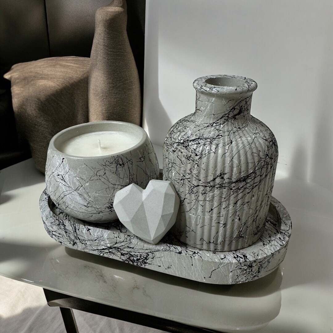 Set of 3 Minimalist Concrete Vase Set With Soy Candle & Tray Modern ...