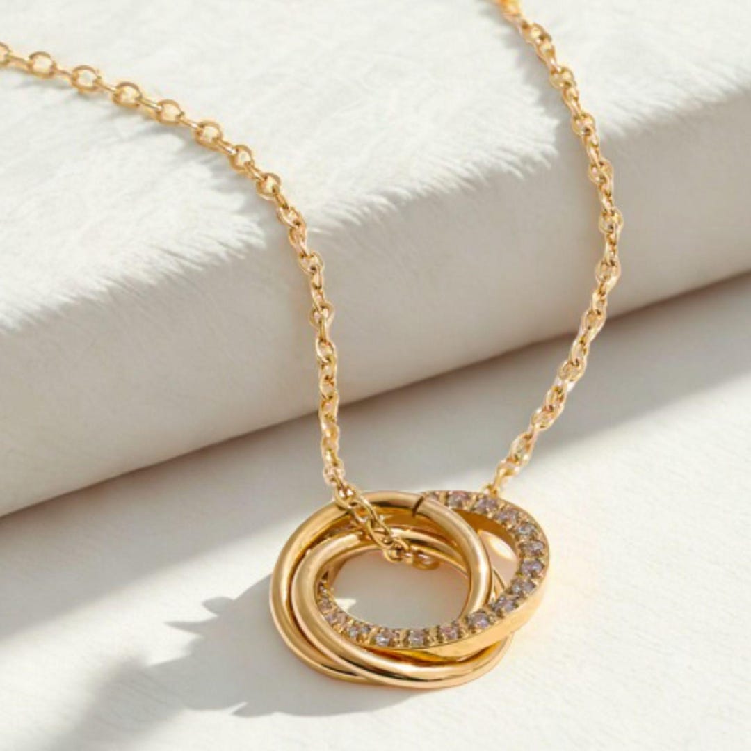 Gold Interlocking Rings Necklace: Zircon Detail, 18K PVD Stainless ...