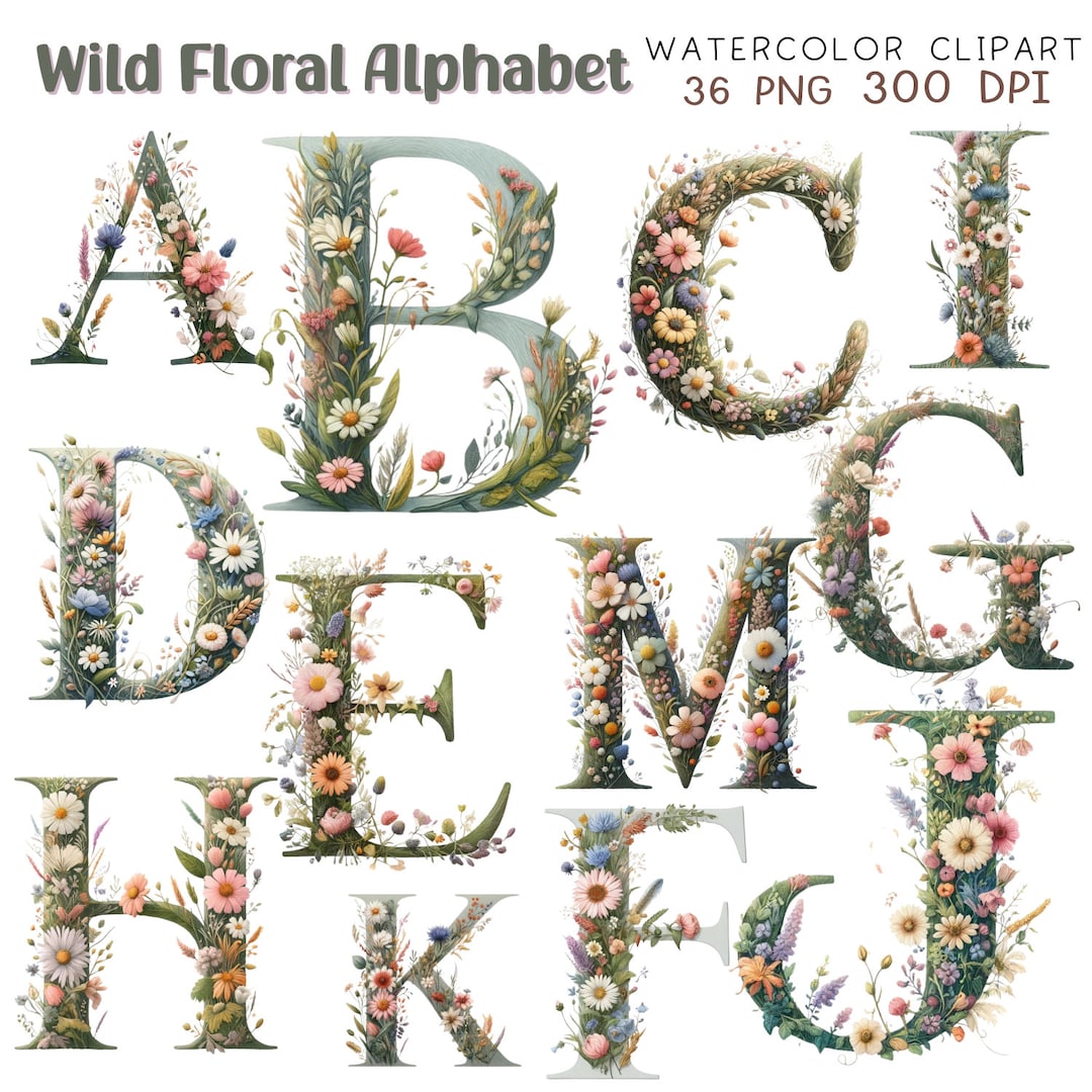 Wild Flower Alphabet Clip Art Watercolor Letter PNG Floral Alphabet ...
