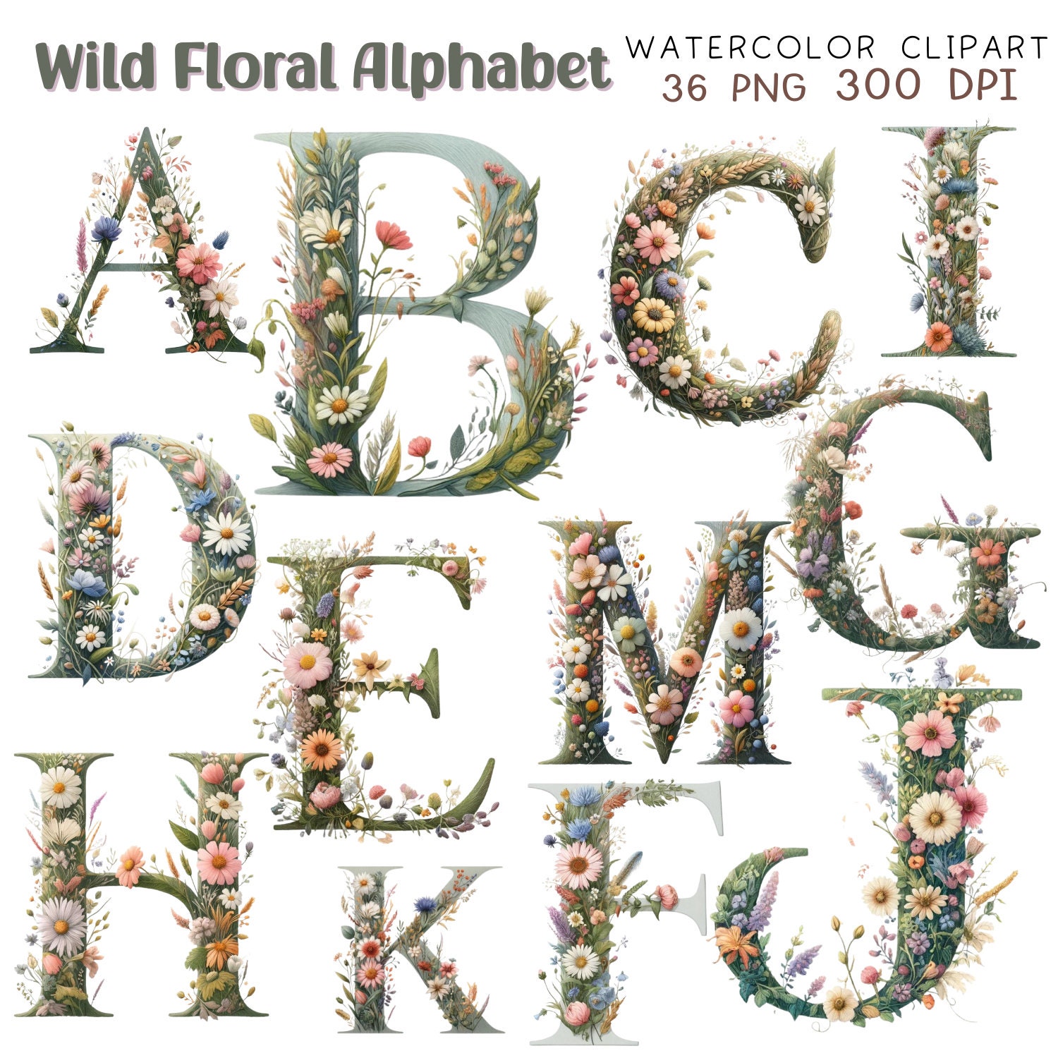Wild Flower Alphabet Clip Art Watercolor Letter PNG Floral Alphabet ...