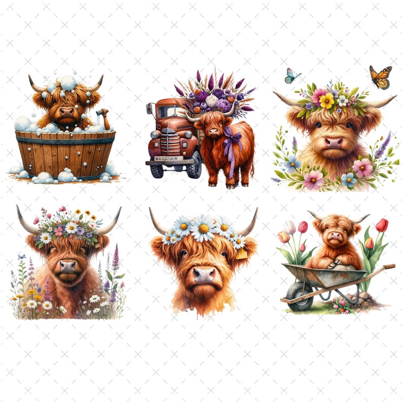 Spring Highland Cow Clipart Highland Cow Sublimation Watercolor ...