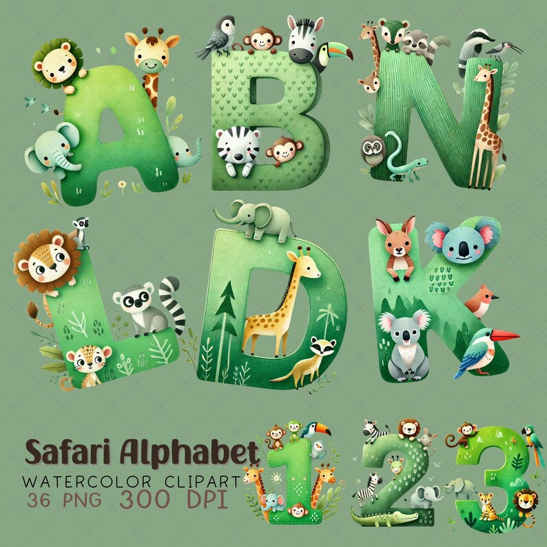 Safari Alphabet A-Z Clip Art Watercolor Alphabet Image File Animal ...