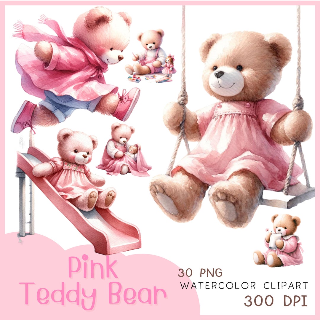 Pink Teddy Bear PNG Watercolor Teddy Bear Clip Art Nursery Wall Art ...