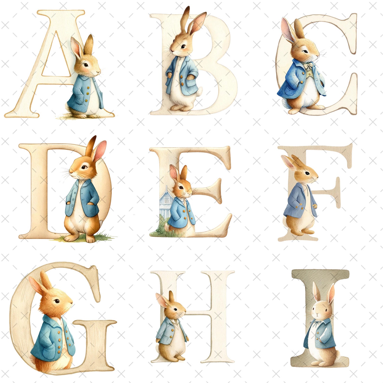 Peter Rabbit Alphabet Clipart, Watercolor Bunny Letters (PNG Digital ...