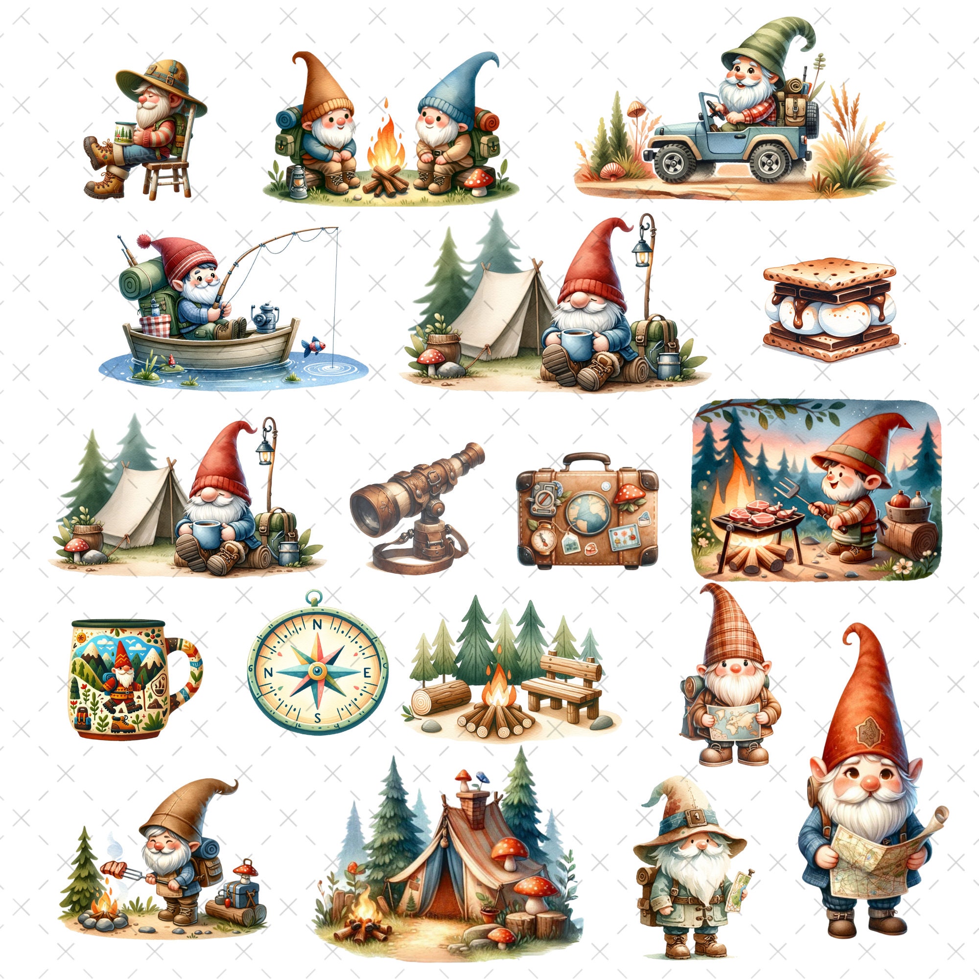 Camping Gnome Clipart Trekking Gnome Watercolor Clipart Hiking Gnome ...