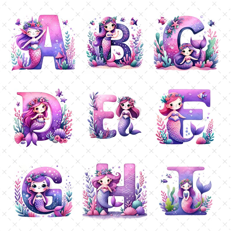Mermaid Alphabet Clipart A-Z: PNG Image Files (digital Download) - Etsy